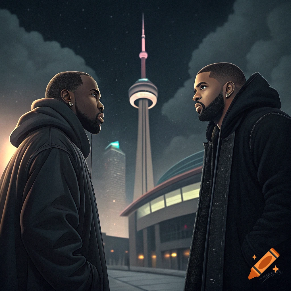 Kanye West and Drake in black outfits with Toronto's CN Tower at night ...