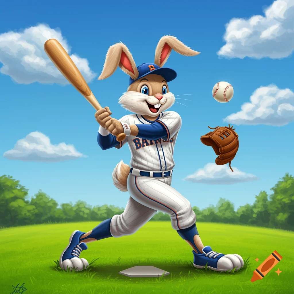 Cartoon Easter Bunny in a baseball uniform swings a bat on a field ...