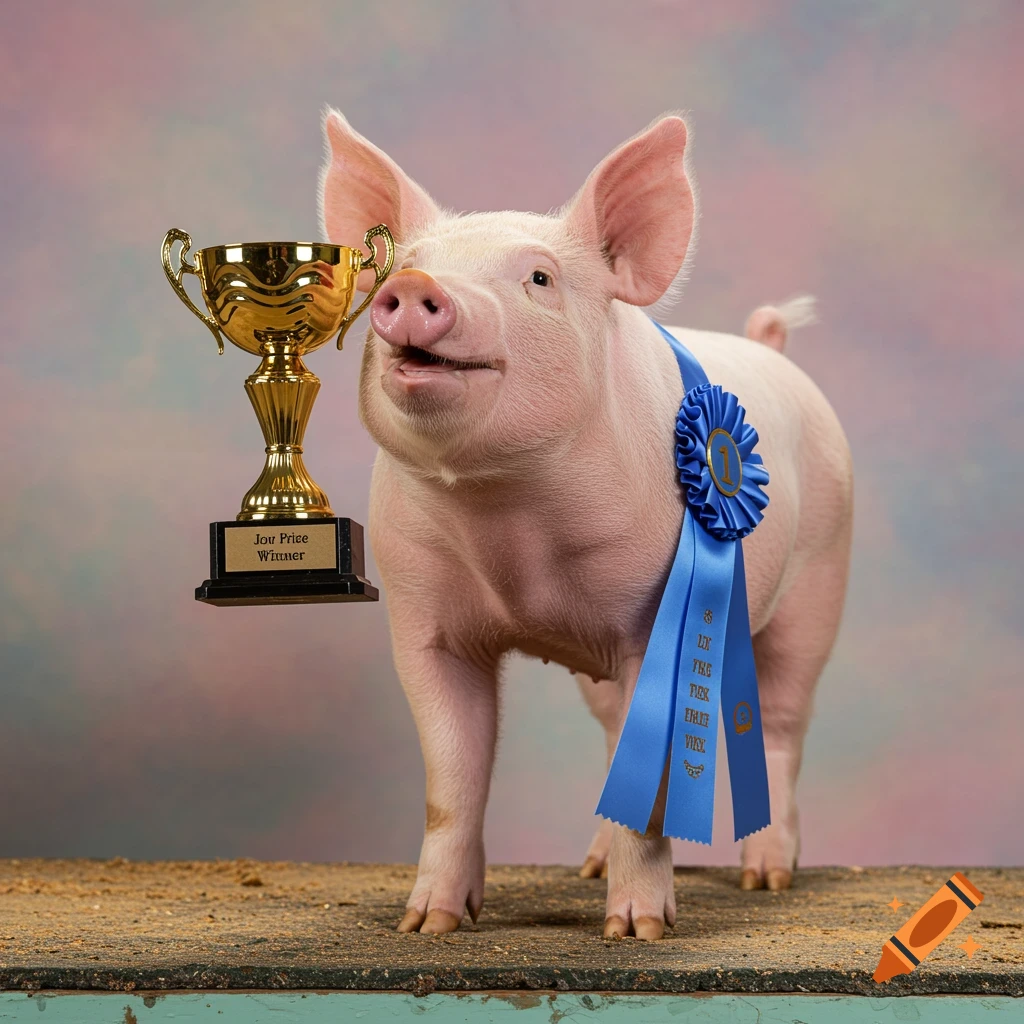 A pig stands proudly with a golden trophy and blue ribbon in a studio ...