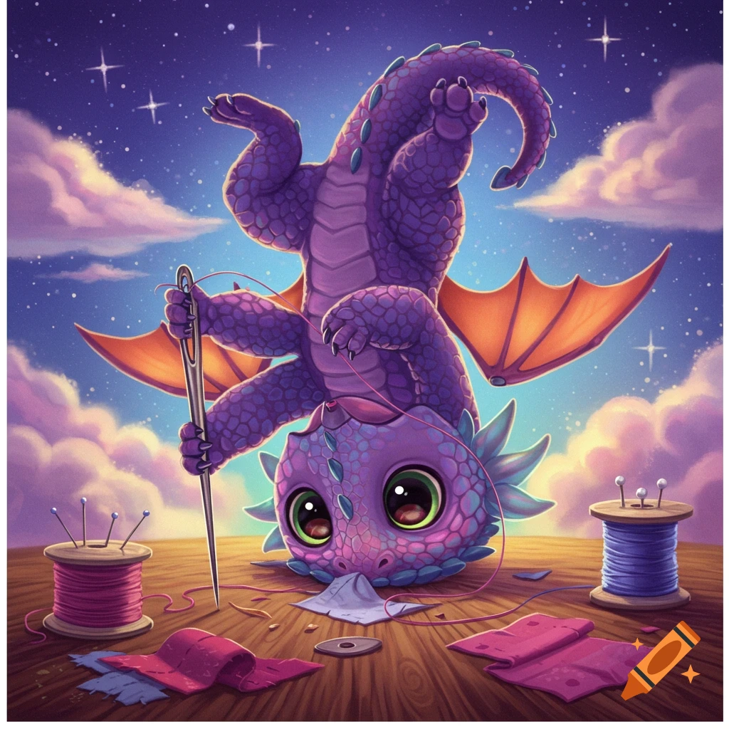 A cute purple baby dragon doing a handstand while sewing with a large ...