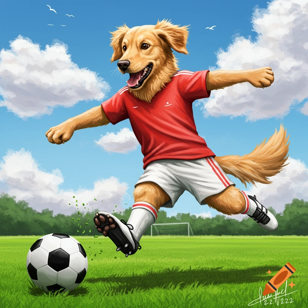 A golden retriever in a red soccer jersey with the number 7 chases a ...
