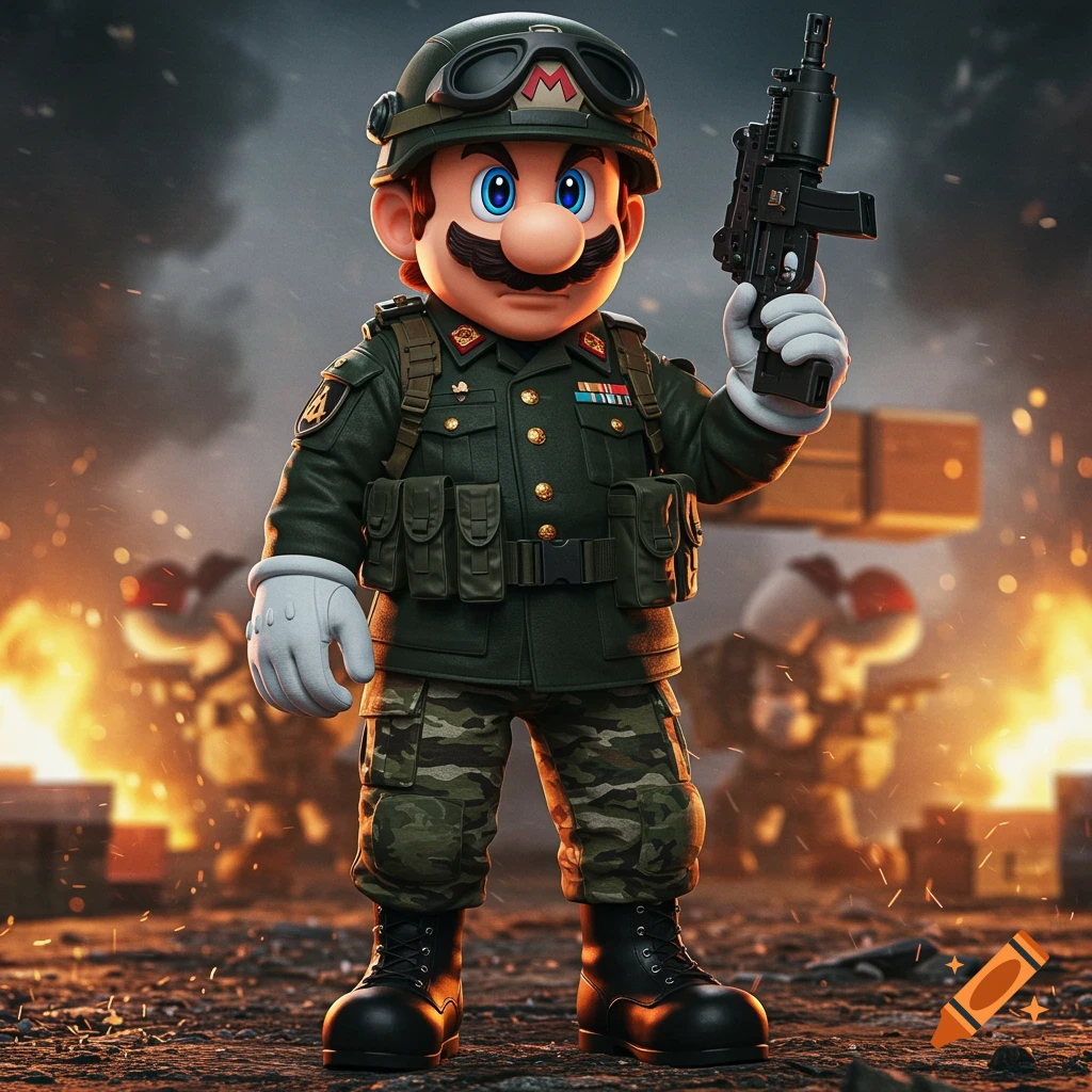 Mario in a military uniform on a battlefield holding a rifle, dramatic ...