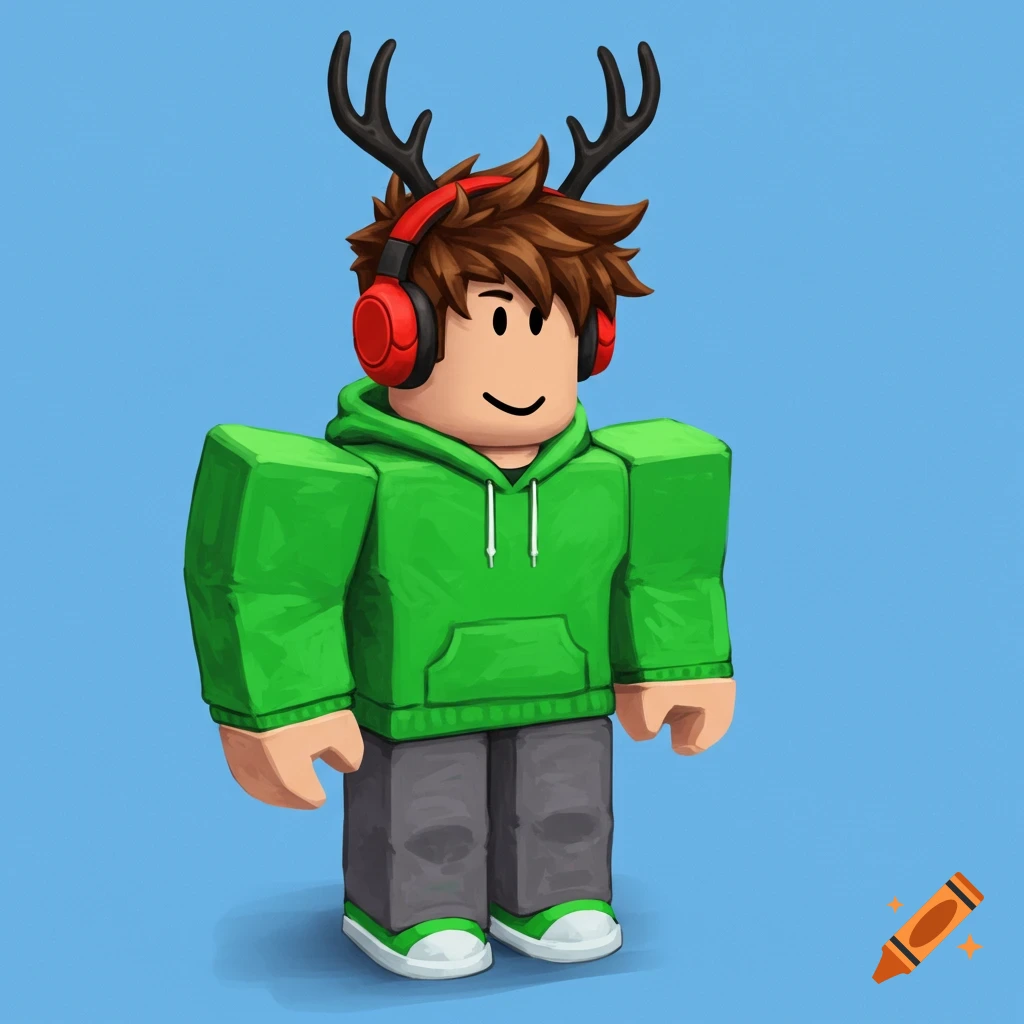 Roblox character with green hoodie, brown hair, and red headphones on ...