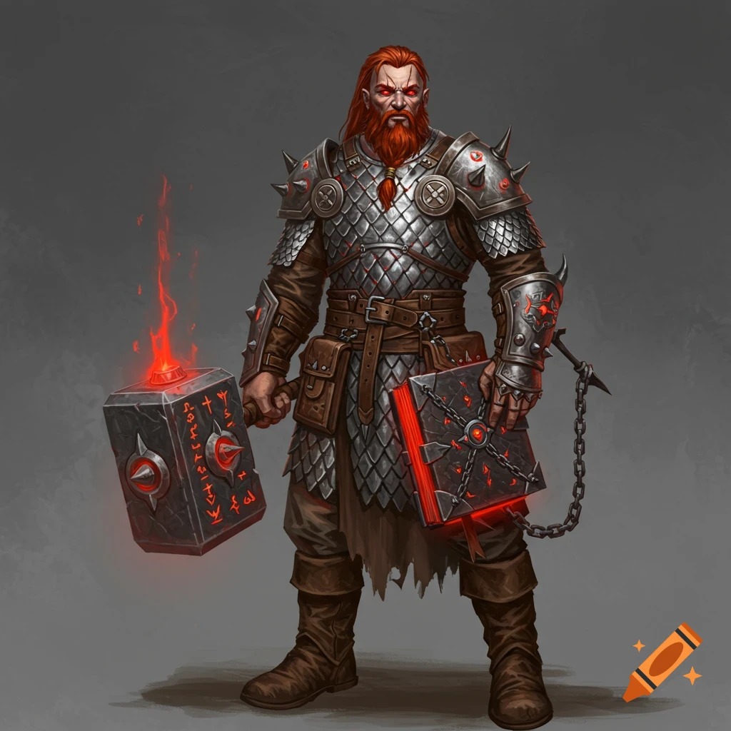 7-foot muscular fighter with red eyes and red hair, wearing scale mail ...
