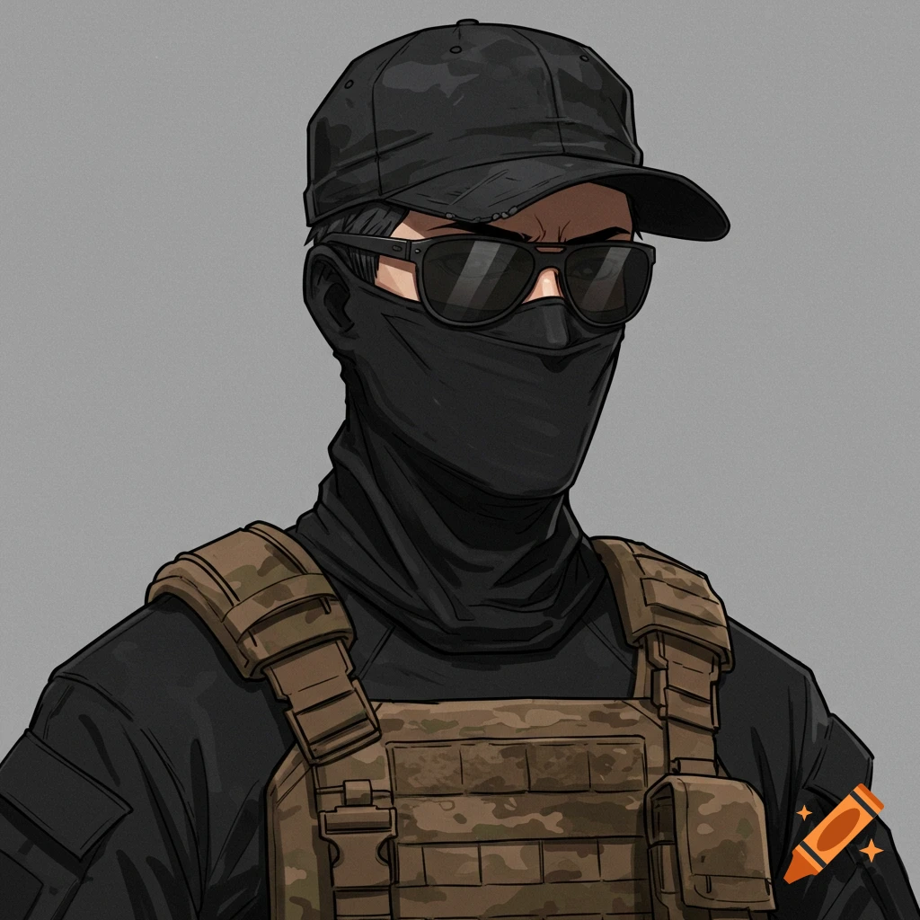 Anime close-up of a soldier wearing a balaclava, sunglasses, baseball ...