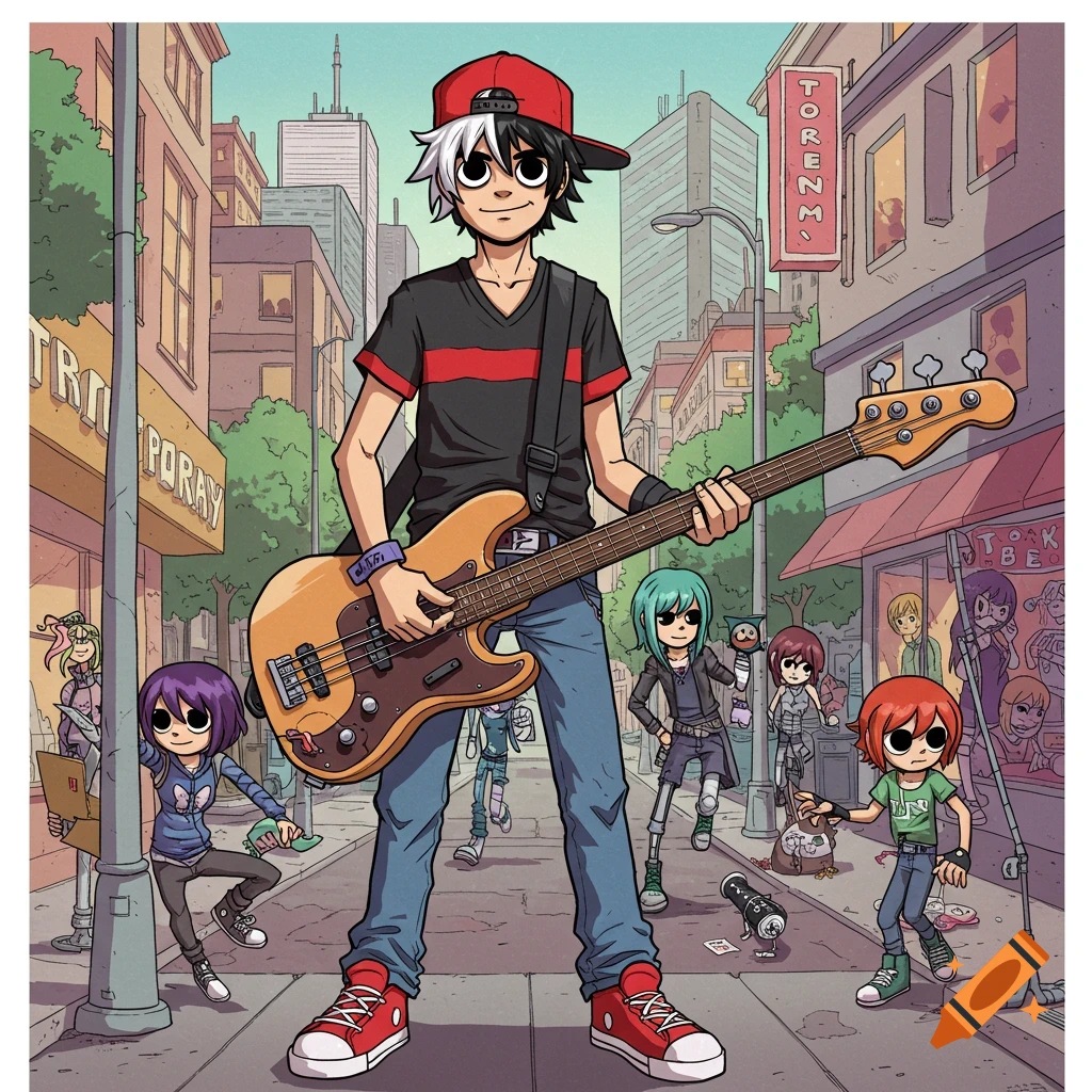 Comic art of a character like Scott Pilgrim playing bass on a city ...