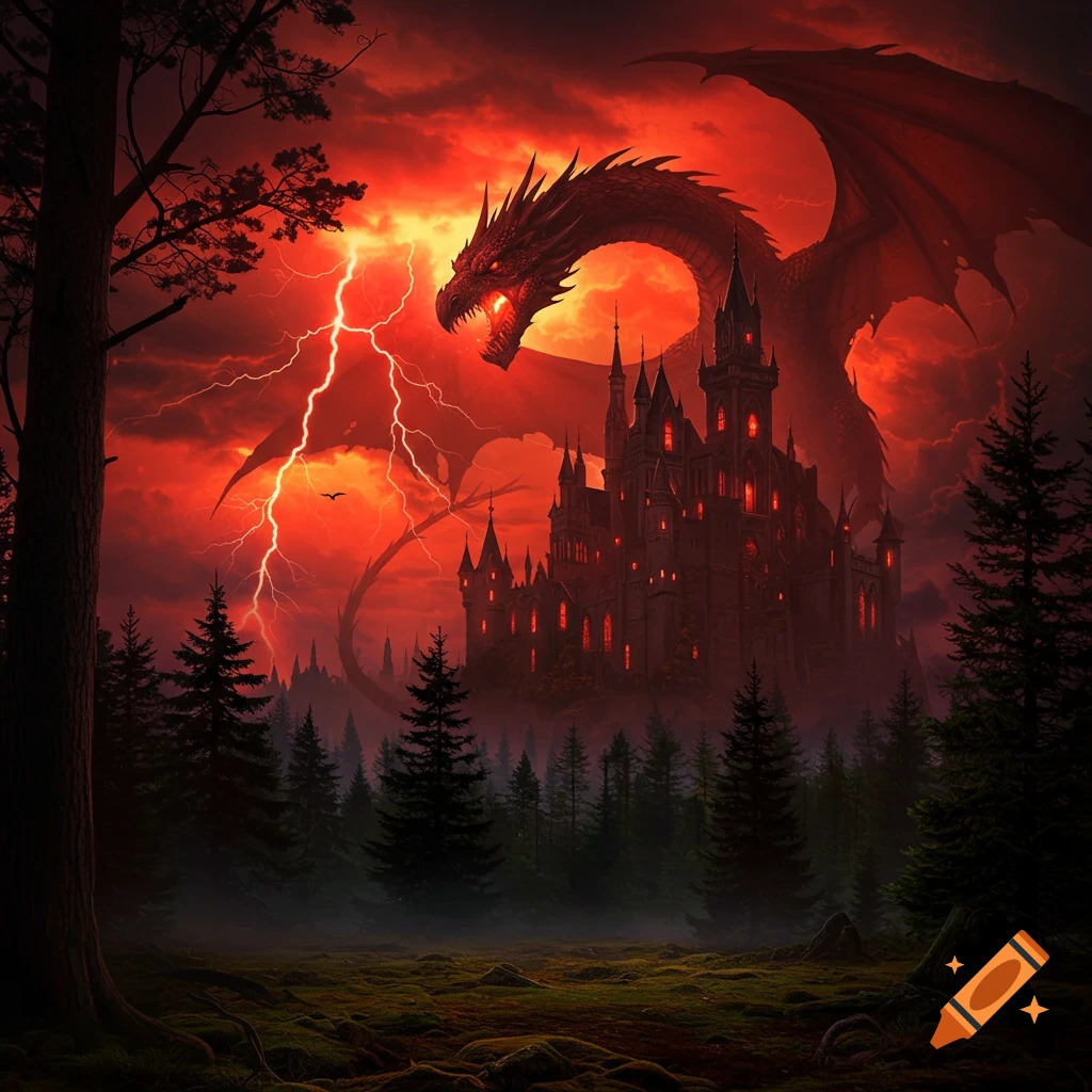 Gothic castle surrounded by stormy forest and angry red dragon, emanating red light on Craiyon