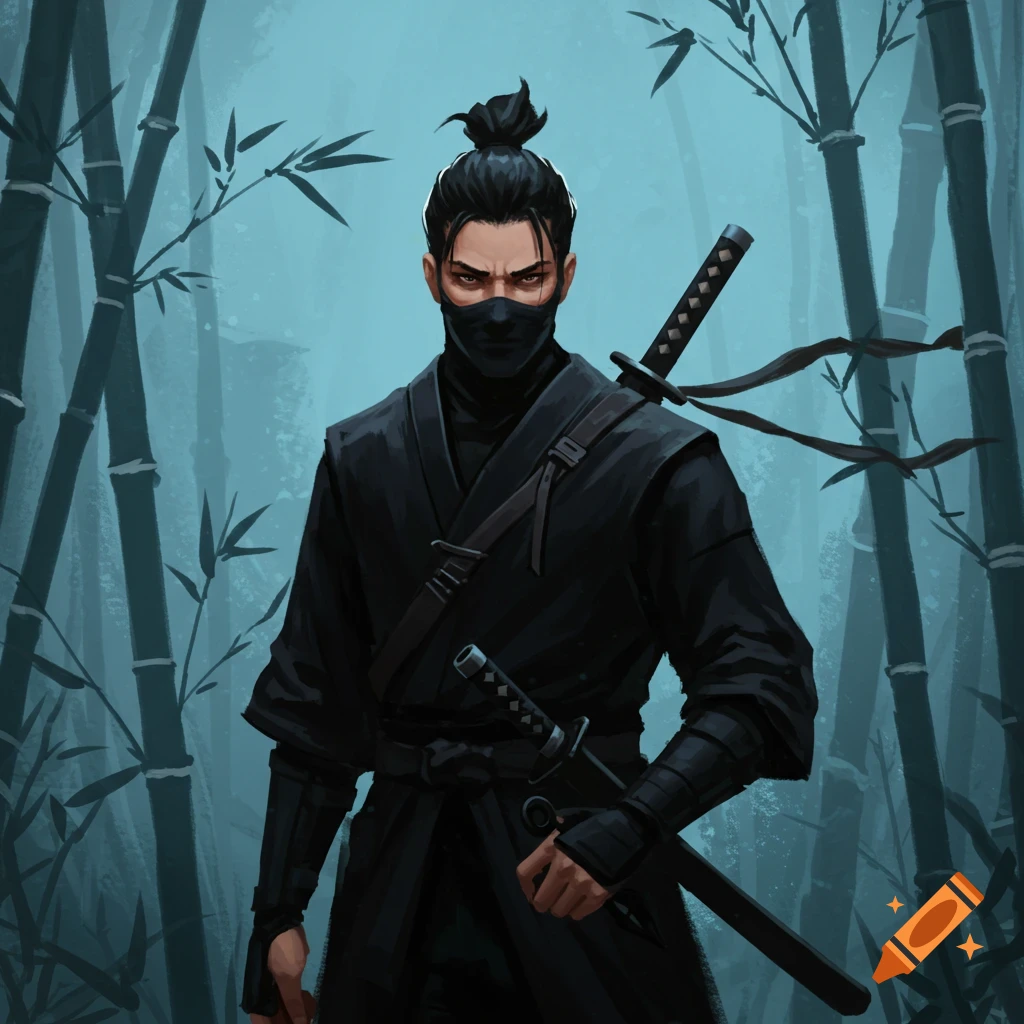 A masked ninja stands in a bamboo forest with swords. on Craiyon