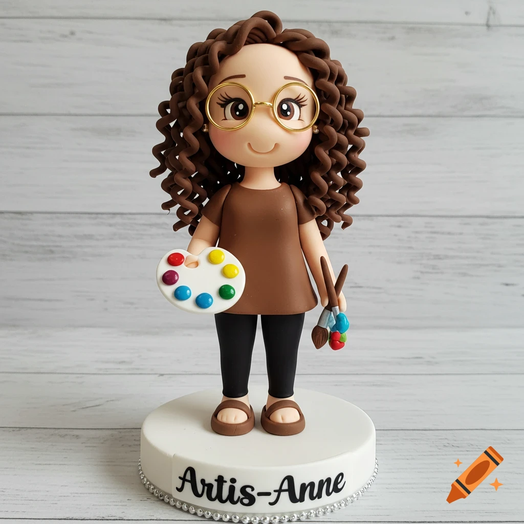 Toy-style figurine of a plus-size artist, Artis-Anne, with watercolor ...