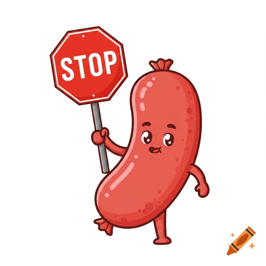 A smiling cartoon sausage holds up a red stop sign. on Craiyon