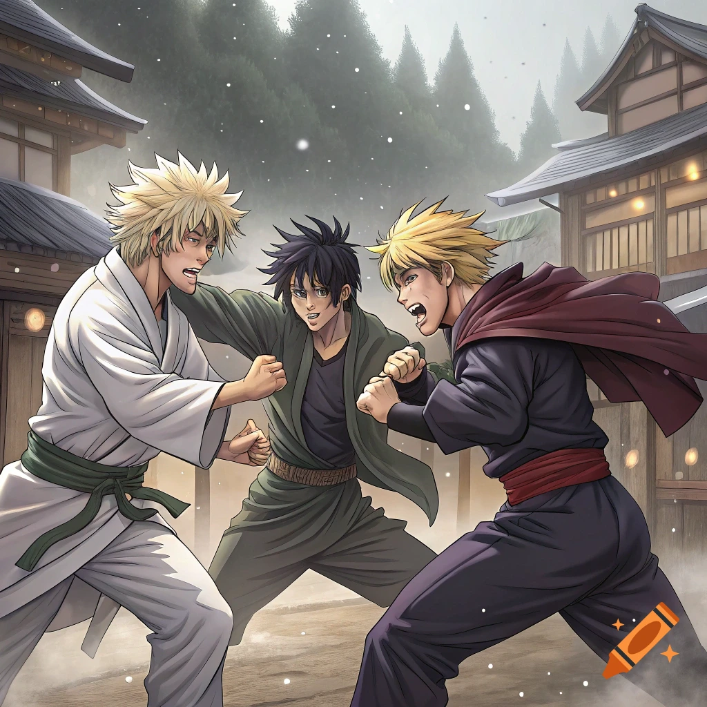 Anime illustration of three young men practicing martial arts in a dojo ...