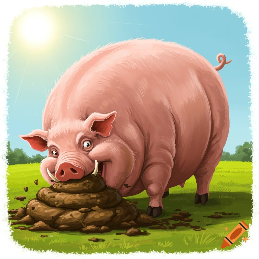 Cartoon pig happily eating a large pile of poop in a sunny green field ...