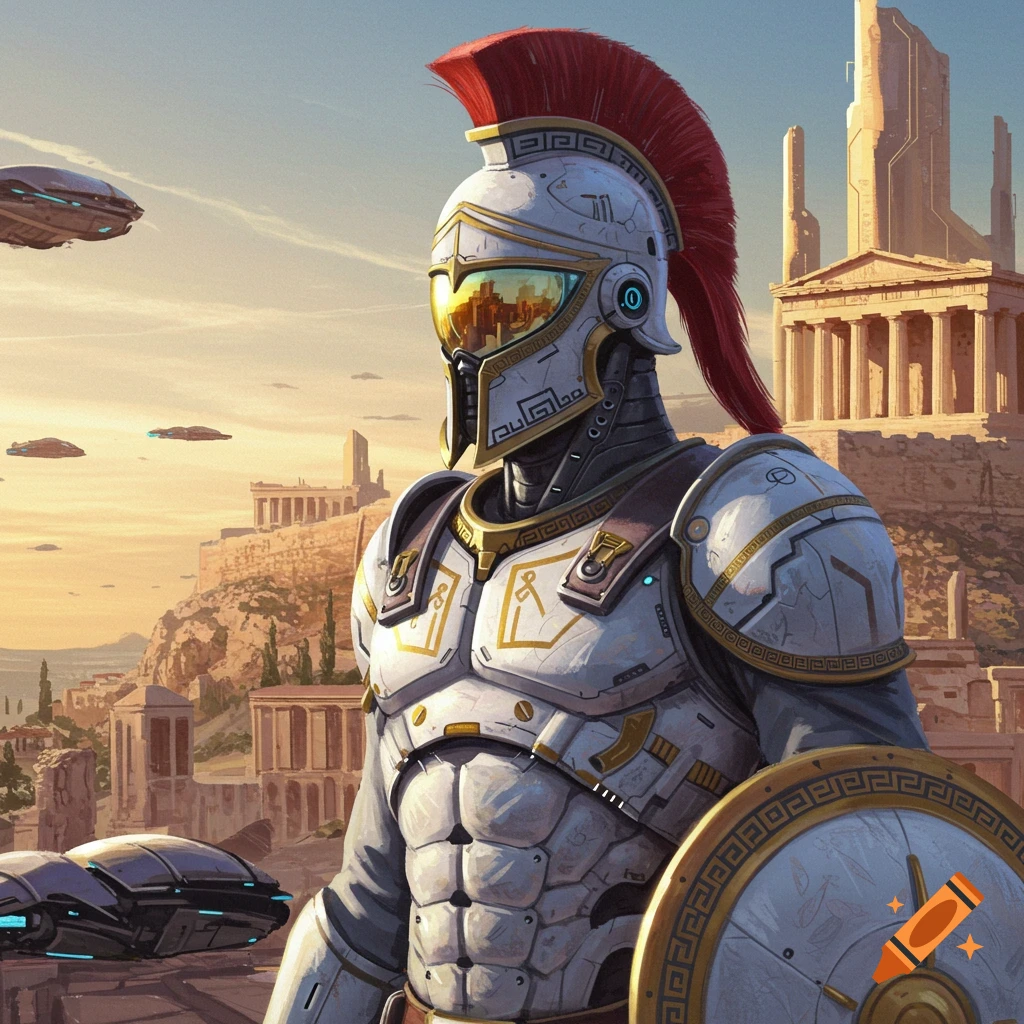 A sci-fi soldier in futuristic armor stands before ancient ruins with ...
