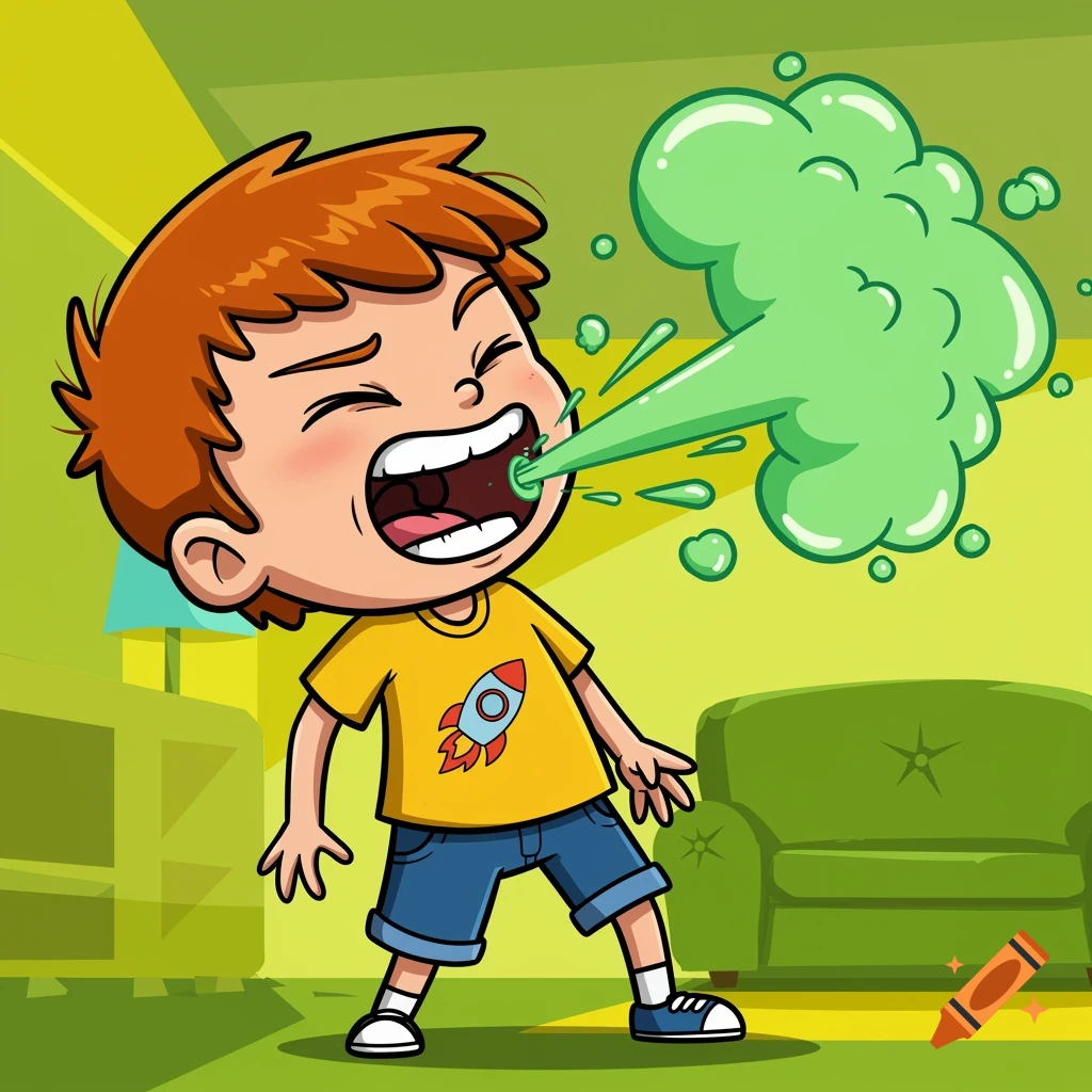 A cartoon boy with red hair burps a large cloud of green gas. on Craiyon