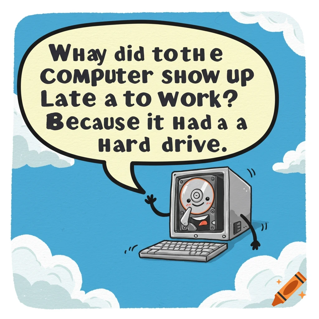 Joke about a computer being late because it had a hard drive on Craiyon