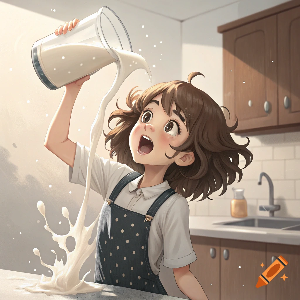 Anime-style girl spills milk from a pitcher onto the counter in a ...