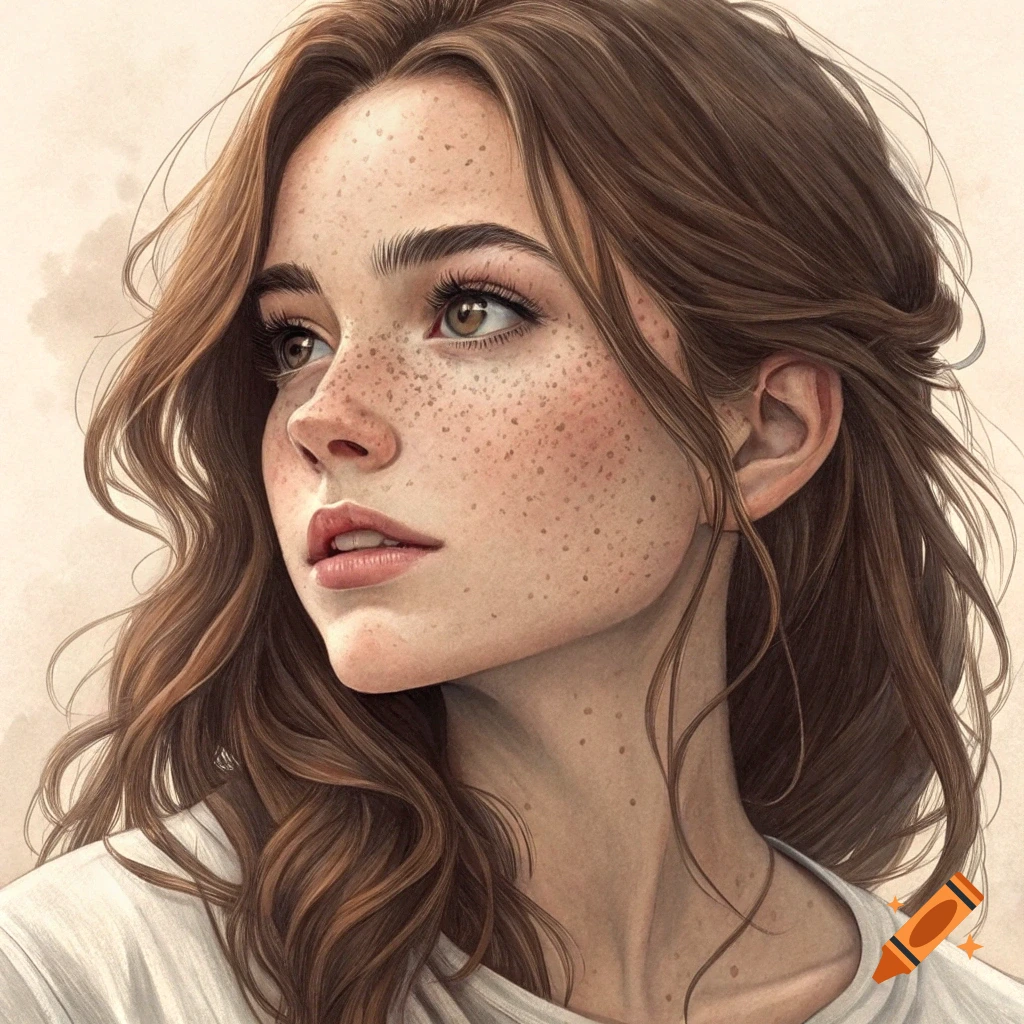 Teenage female portrait with brown hair, freckles, and dimples on Craiyon