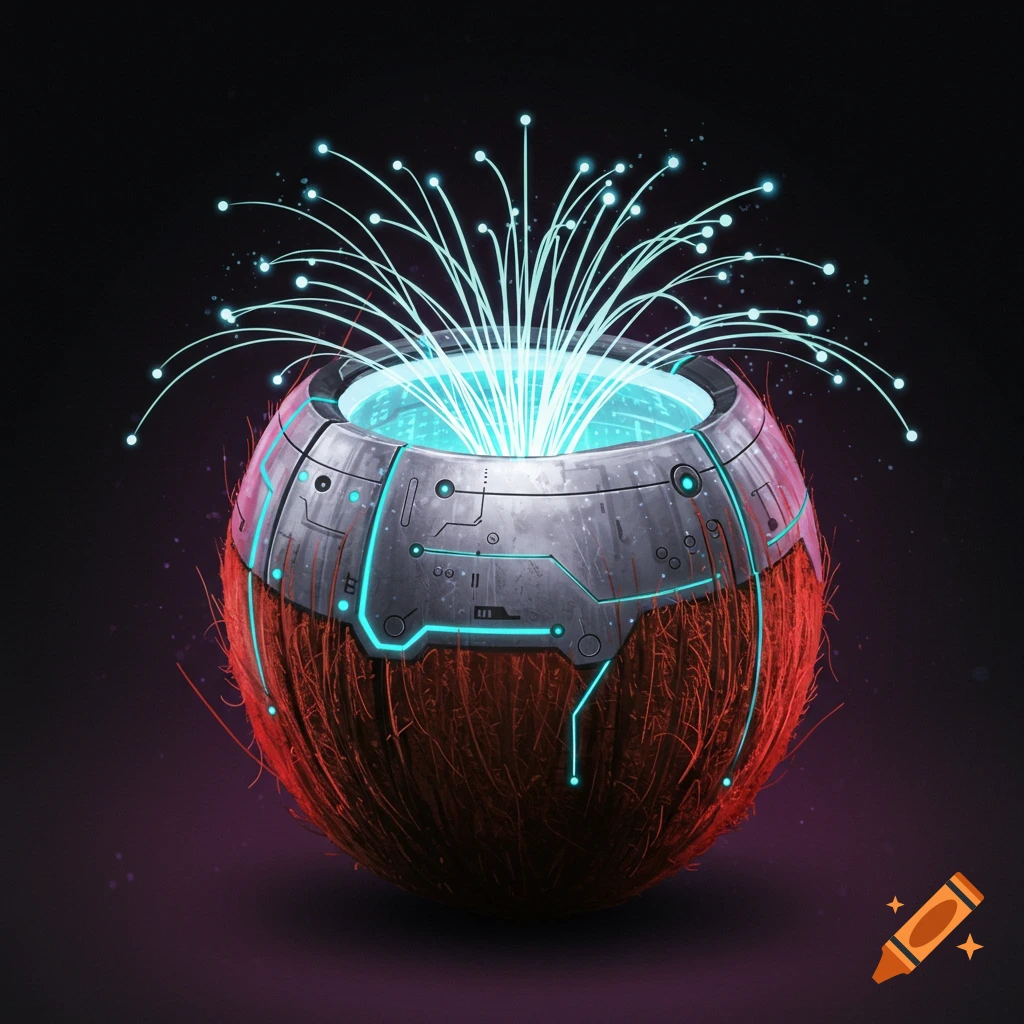 A futuristic coconut with metallic plating, glowing blue circuits, and ...