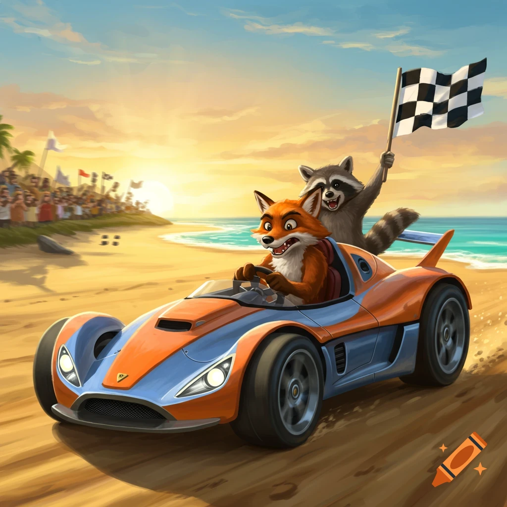 Fox and raccoon driving a racecar on the beach on Craiyon