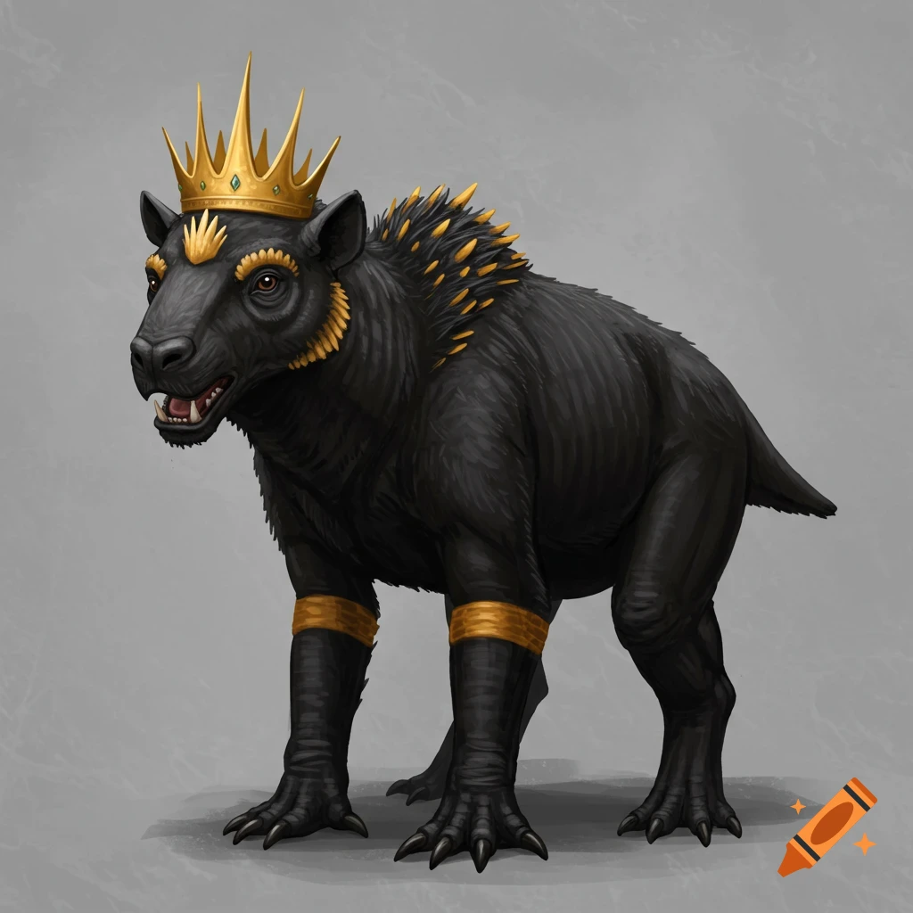 Extinct black, two-legged animal with a crown on its head illustration ...
