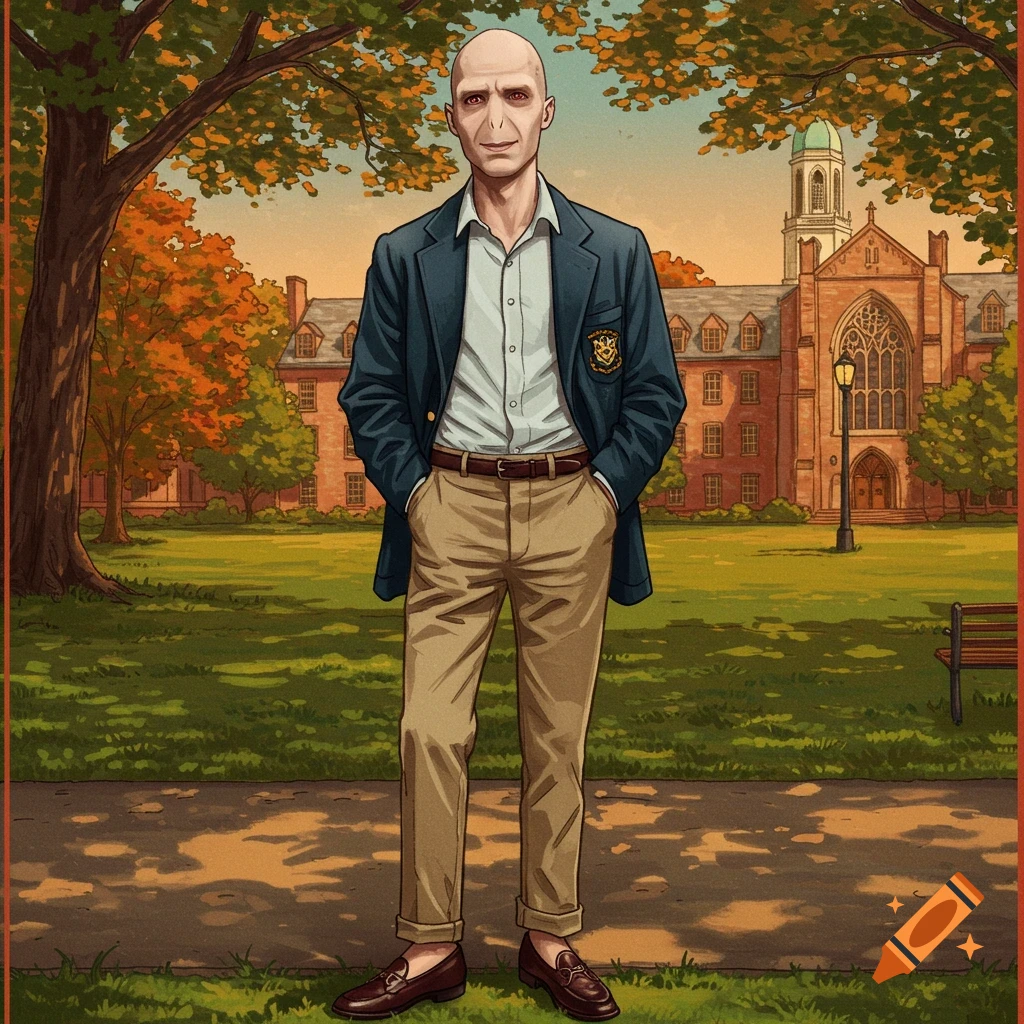 A young man in preppy clothes stands outside a brick school building ...