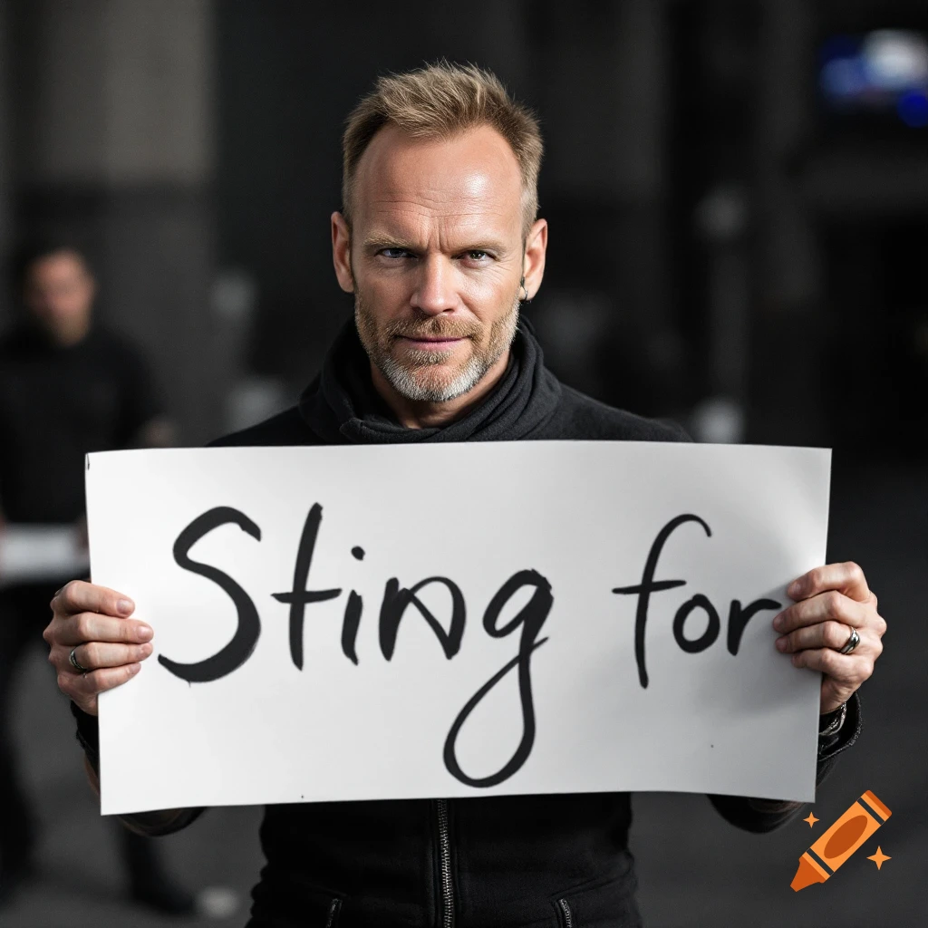 Sting holding a sign with text on it during a real-life shot photo ...