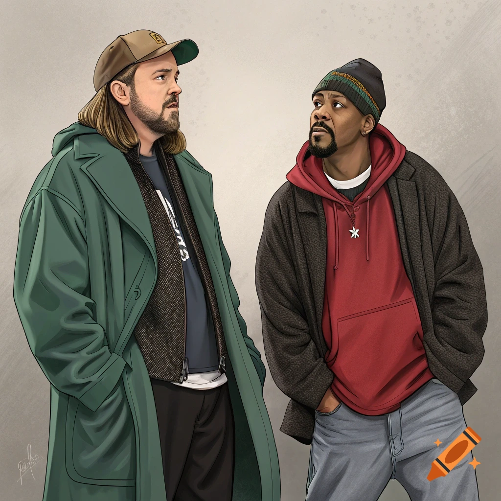 Kevin Costner and Morgan Freeman as Silent Bob and Jay on Craiyon