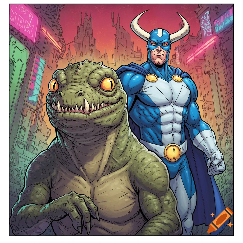 A green reptilian creature and a superhero with horns stand in a neon ...