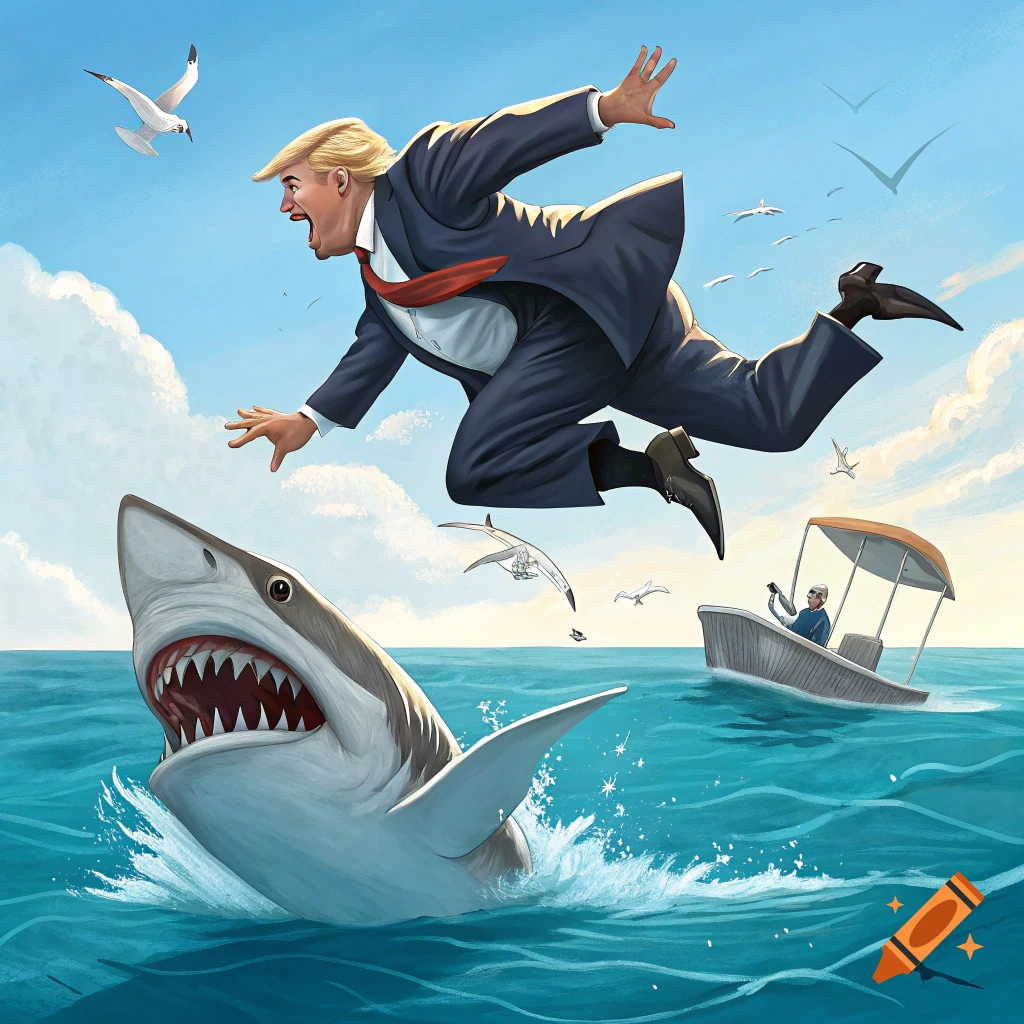 Cartoon scene of a politician being attacked by a shark on Craiyon
