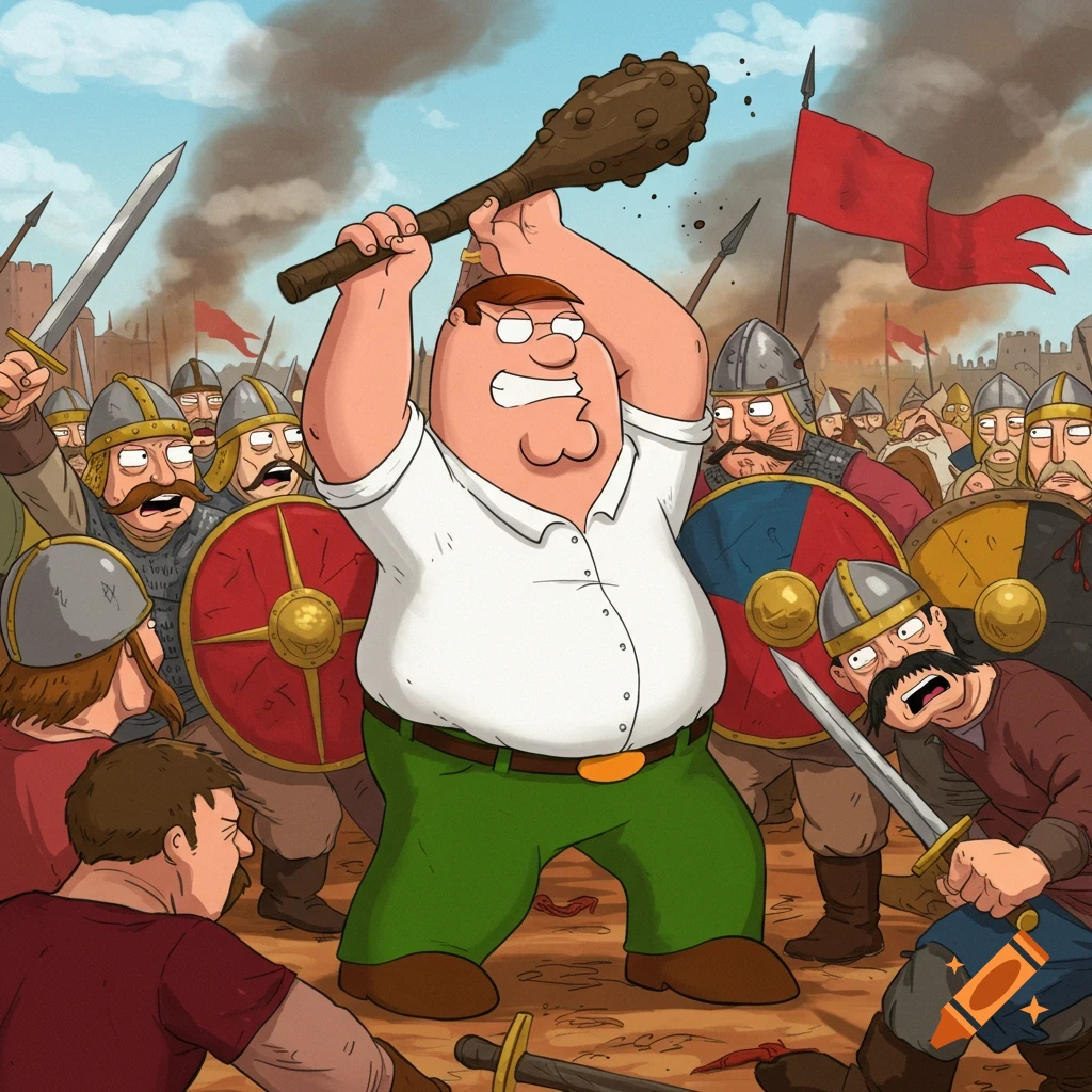 Cartoon of Peter Griffin swinging a club at charging medieval warriors ...