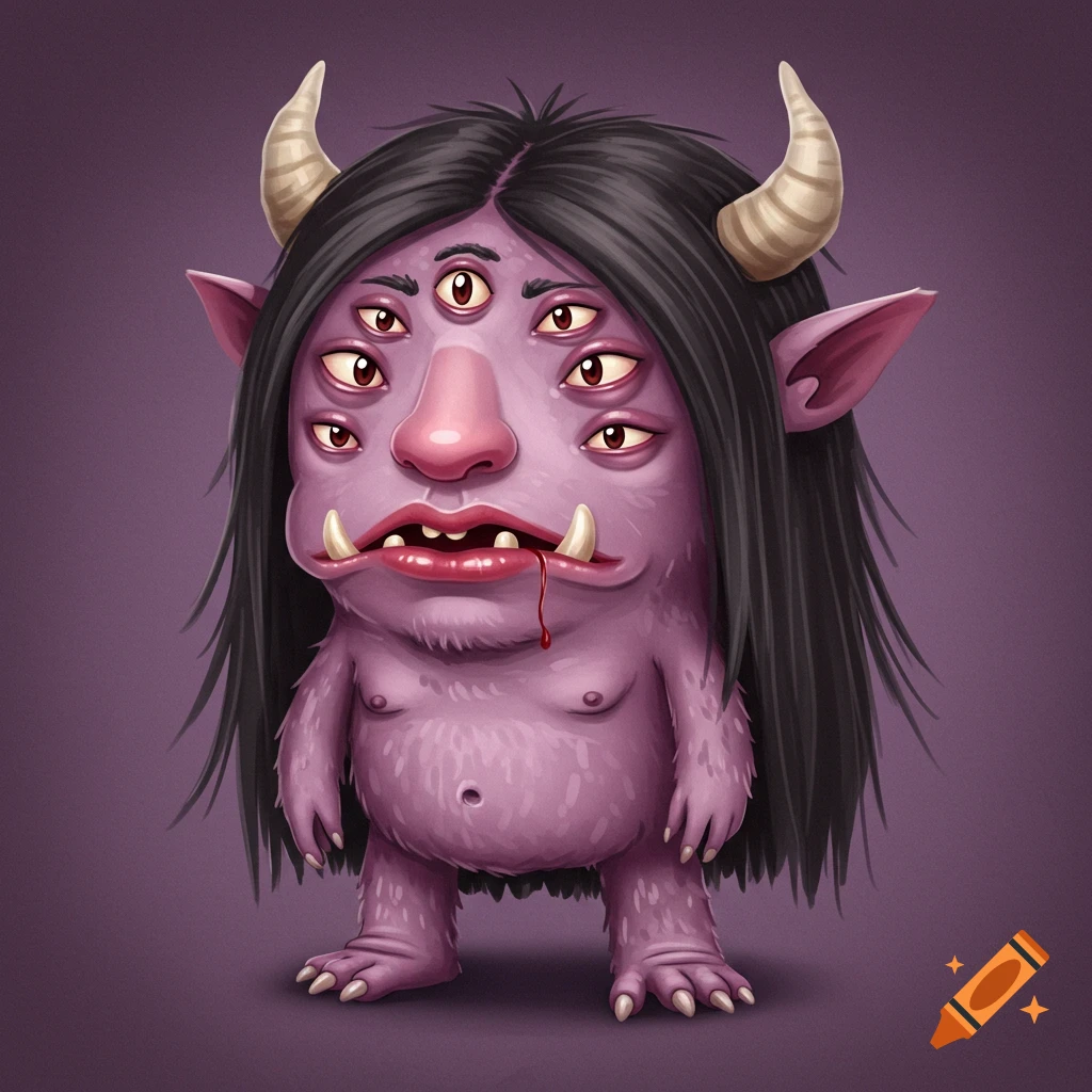 Cute monster with a big head, three arms, four legs, long hair, six ...