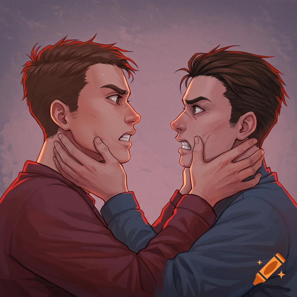 Drawing of a man menacingly holding another man's chin on Craiyon