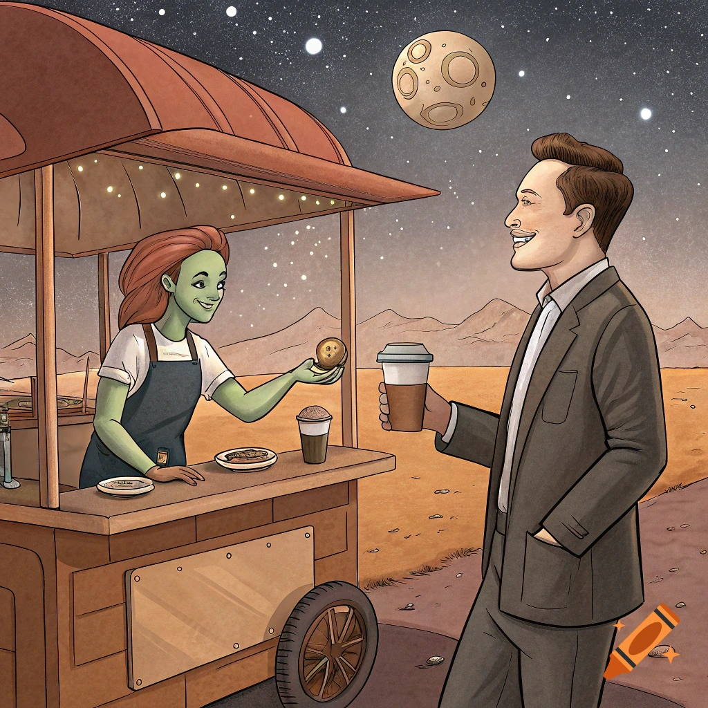 Ghibli style cartoon of Elon Musk buying coffee from an alien barista ...