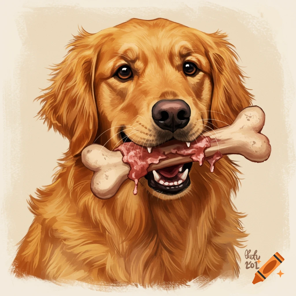 A golden retriever happily eating a bone with meat attached. on Craiyon