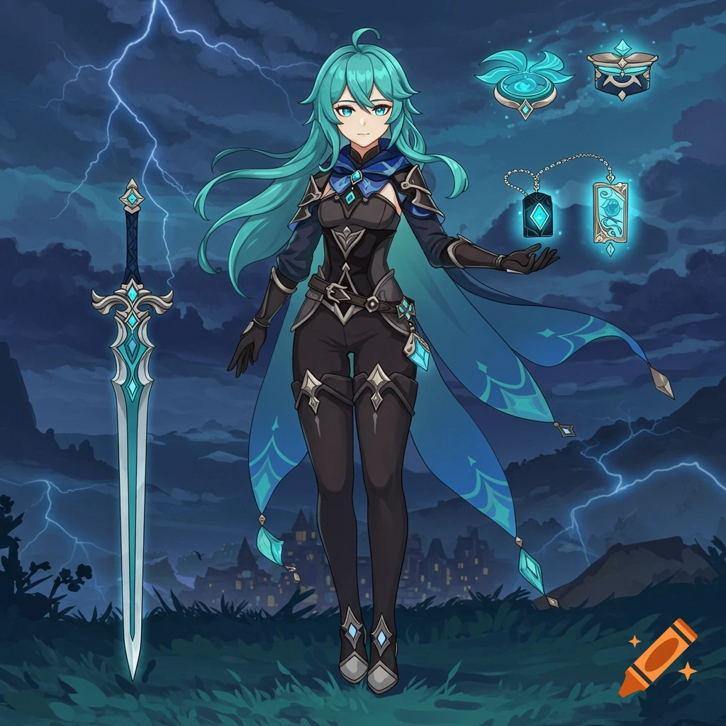 Anime fantasy character with teal hair, dark outfit, sword, and glowing ...