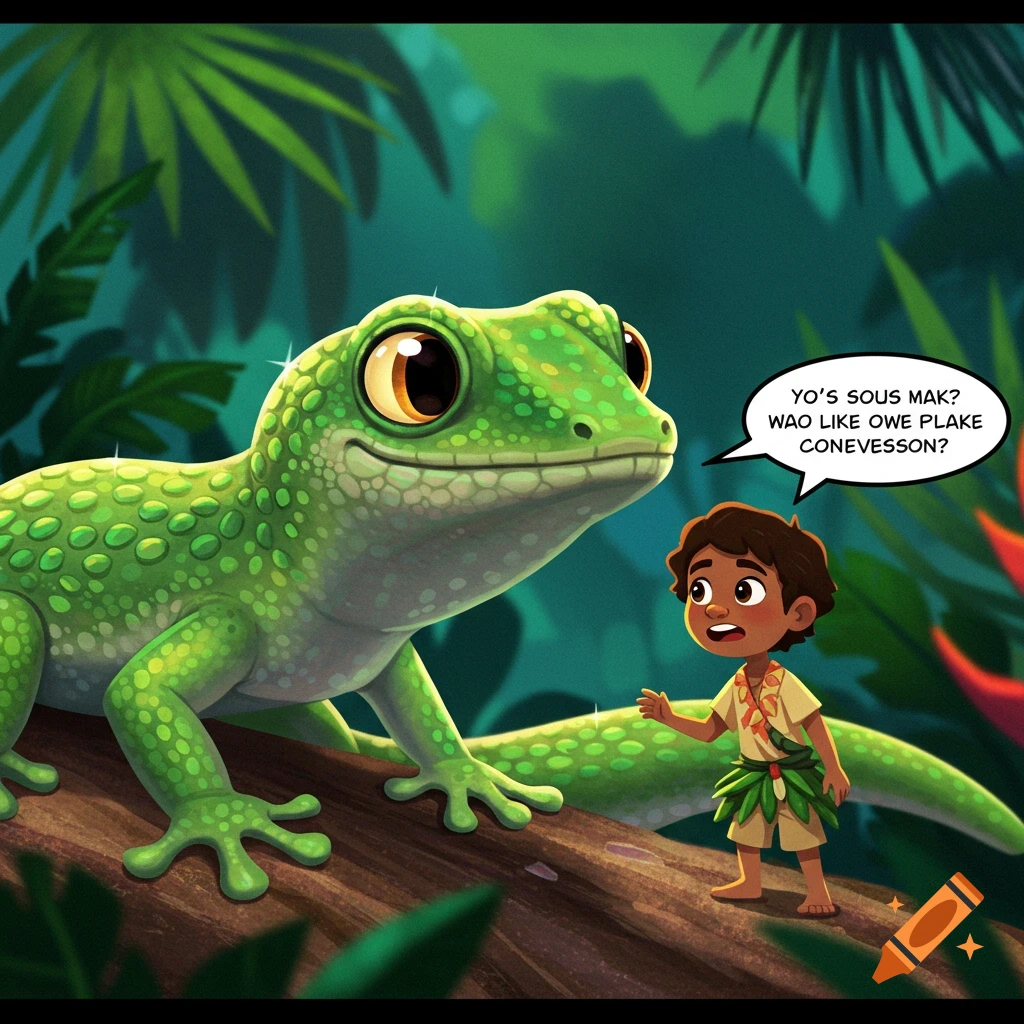 Cartoon gecko shimmering like emeralds on Craiyon