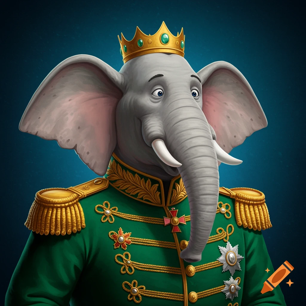 Royal portrait of Babar the elephant in green military uniform on Craiyon