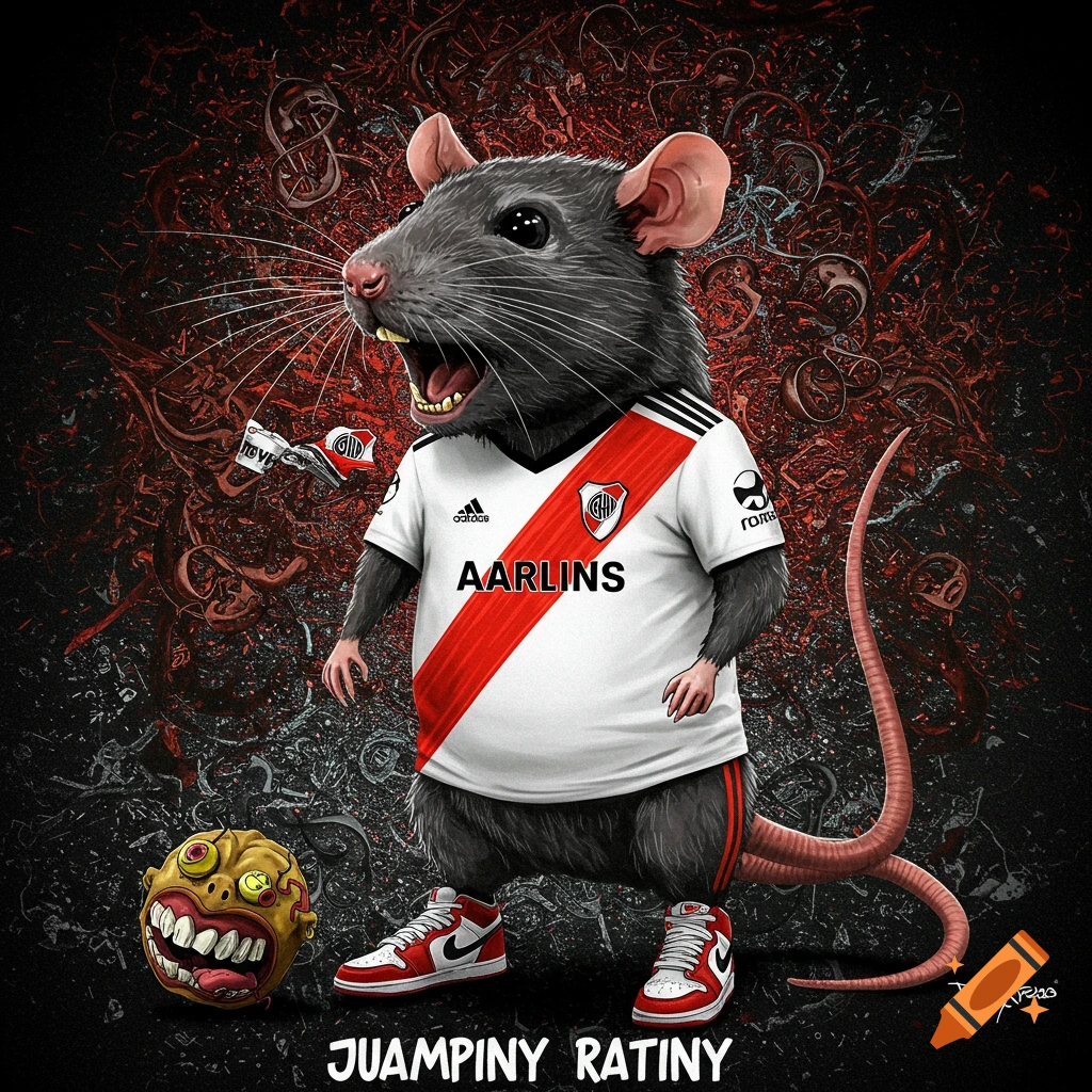 Hyperrealistic rat with human face, River Plate shirt, Nike sneakers ...