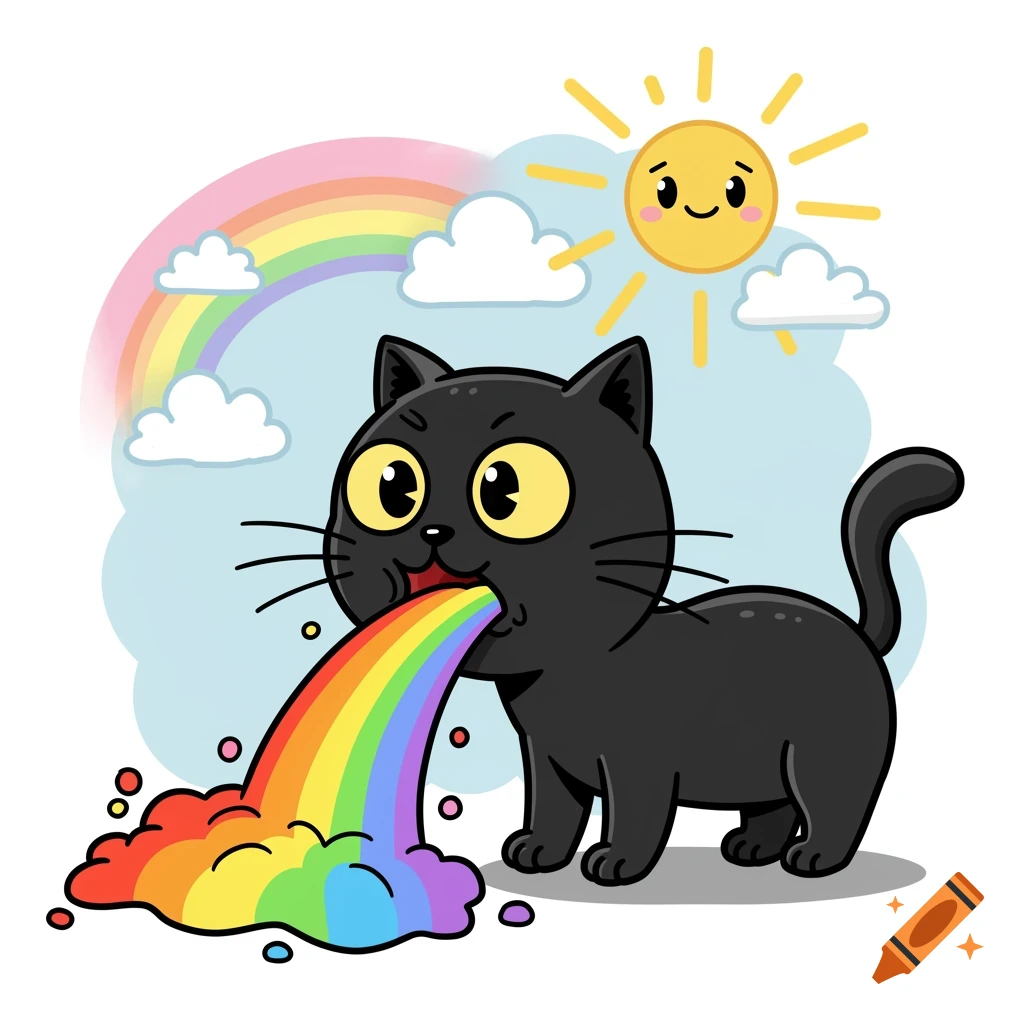 Cartoon black cat vomiting a rainbow with sun and clouds in the ...