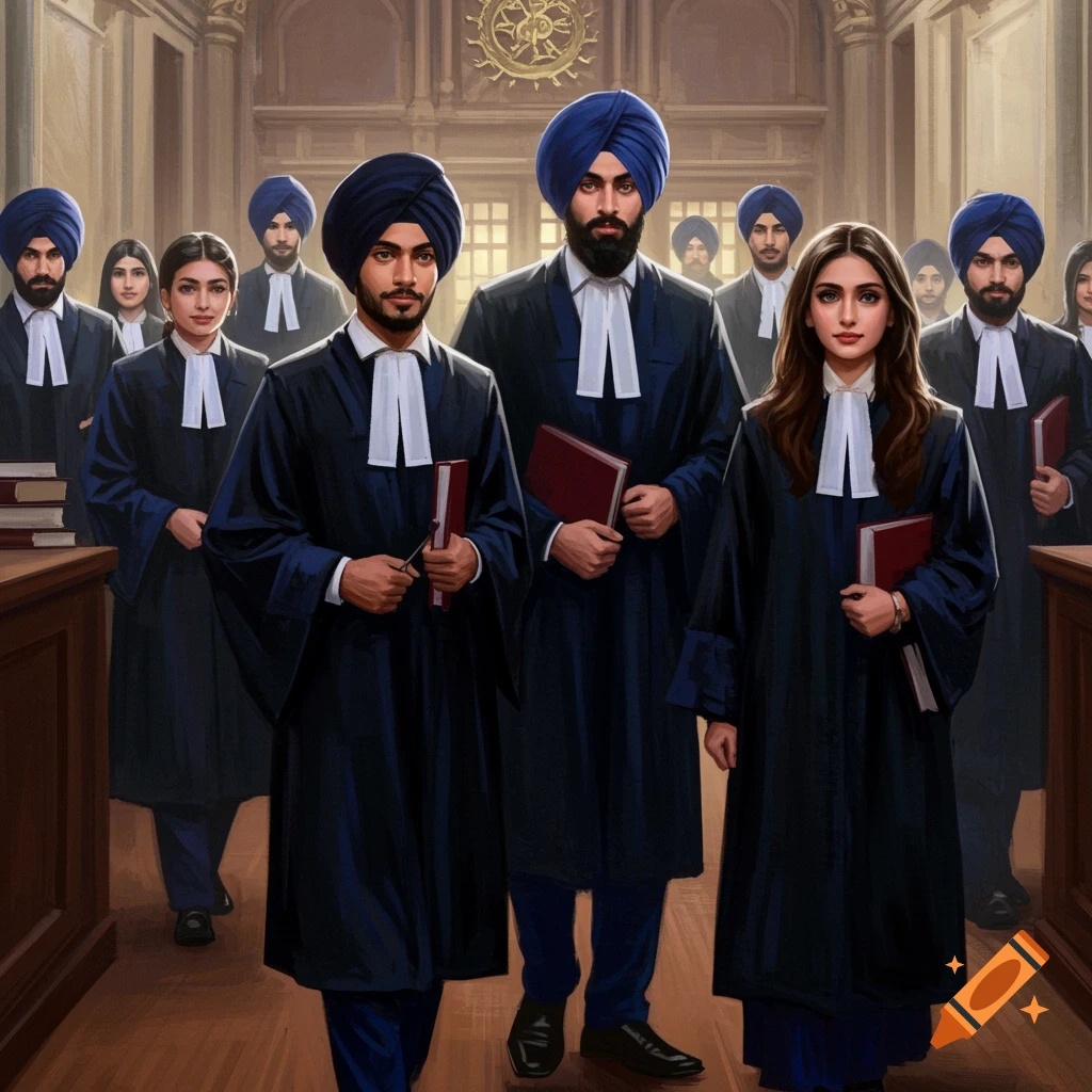 Image of Sikh men and women lawyers in robes standing in a courtroom ...