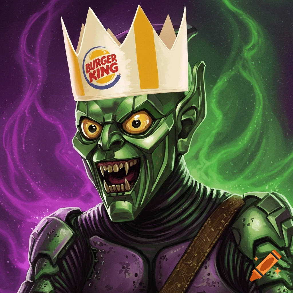Green Goblin wearing a Burger King crown. on Craiyon