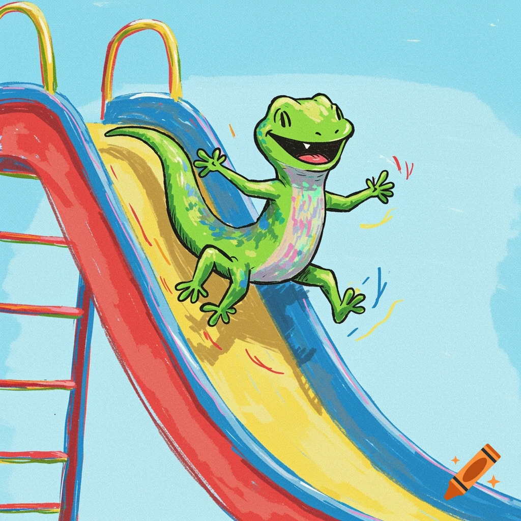 Happy lizard on a crayon-style slide on Craiyon