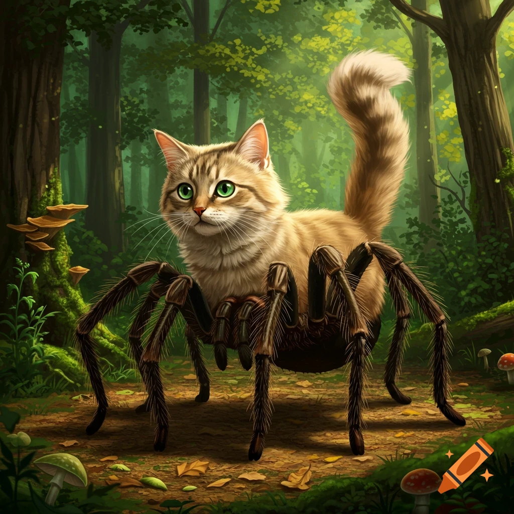 A fuzzy house cat with spider legs sitting on the forest floor ...