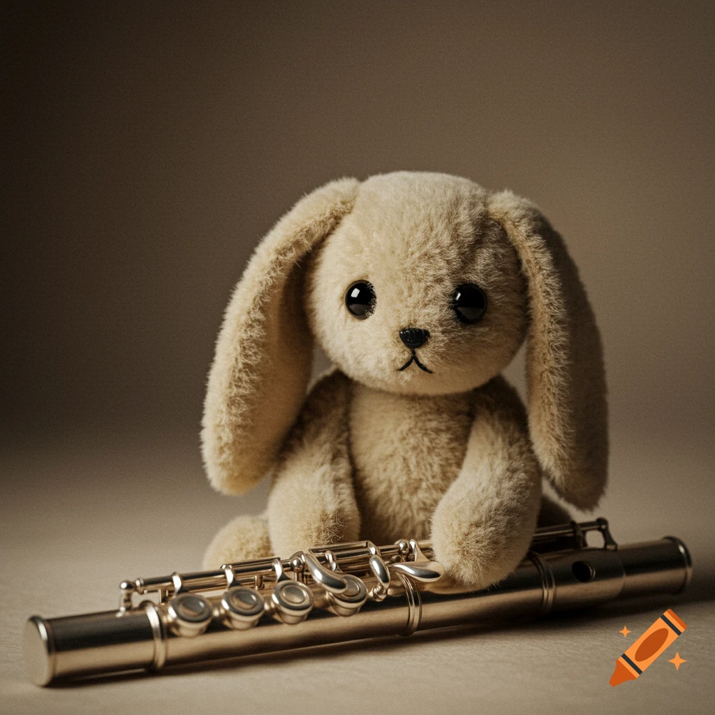 Stuffed rabbit with button eyes on a silver piccolo on Craiyon