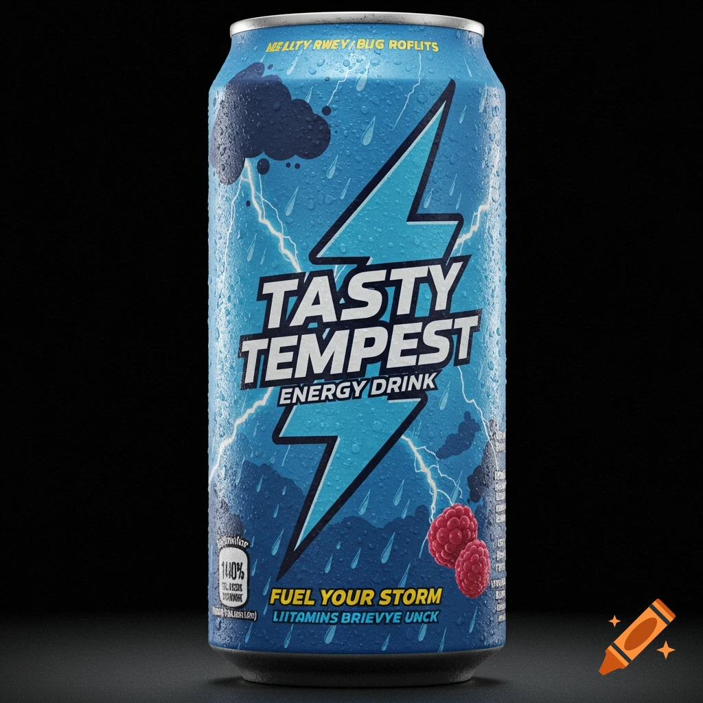 Tasty Tempest blue raspberry energy drink can on Craiyon
