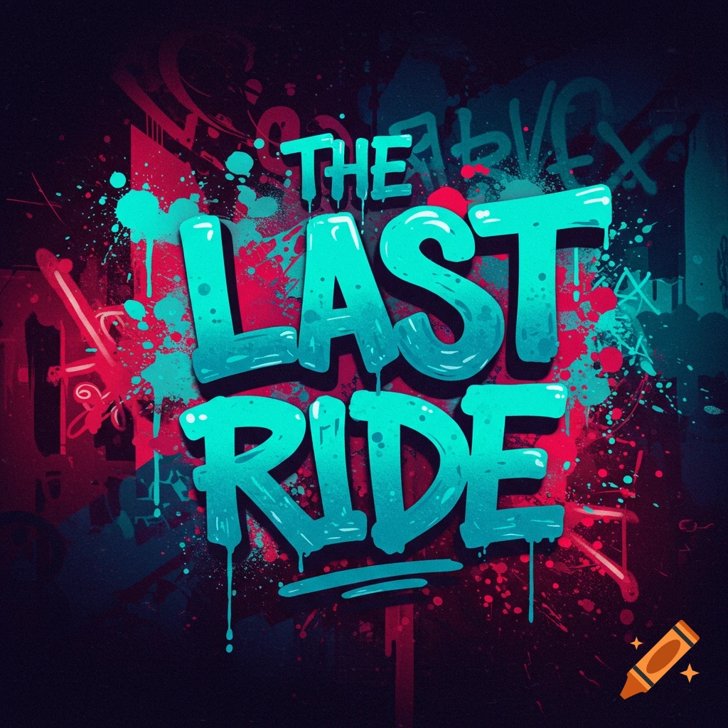Stylized text 'THE LAST RIDE' in graffiti style with teal and pink splatter effects on Craiyon