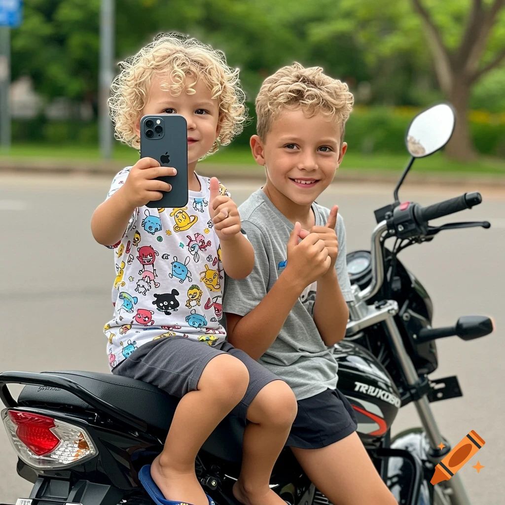 Brazilian toddler and older brother on a motorcycle on Craiyon