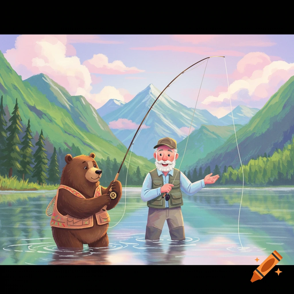 A man and bear fly fishing in a river on Craiyon
