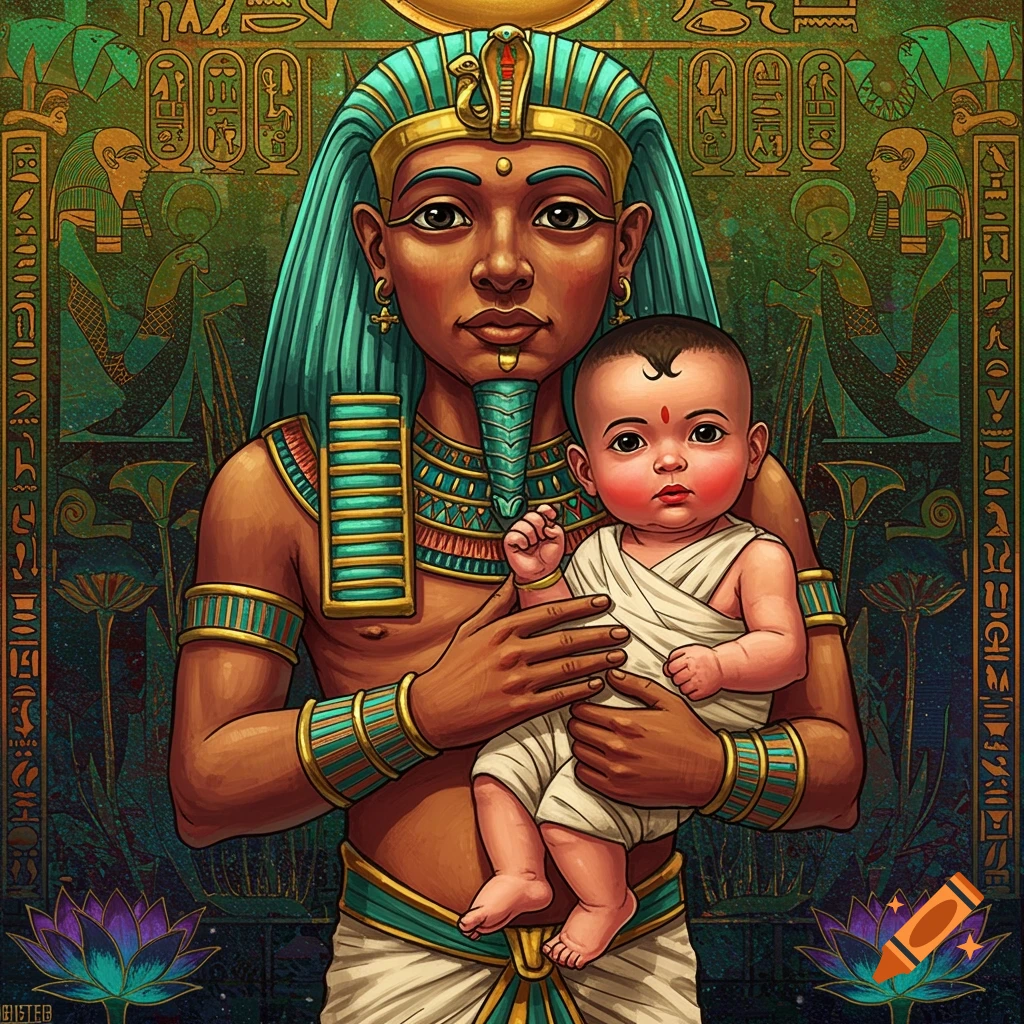 An ancient Egyptian figure is holding a baby, surrounded by hieroglyphs ...
