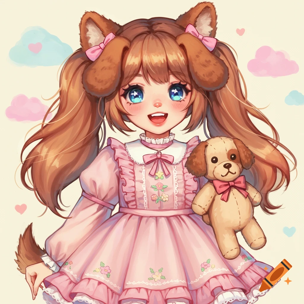 Anime girl with dog ears and tail, pink dress, holding a stuffed dog ...